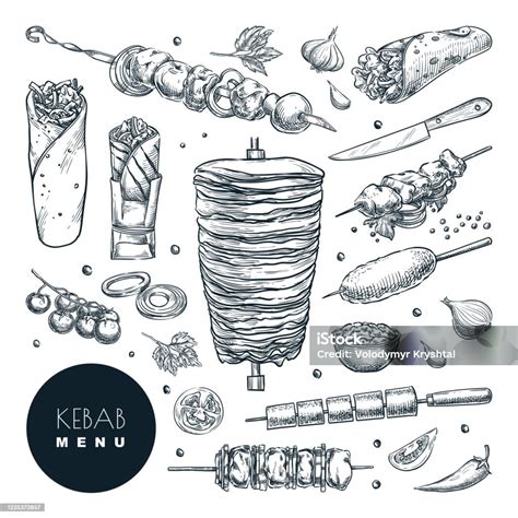 도너 케밥 세트 벡터 손으로 그린 스케치 그림입니다 쇠고기 양고기와 닭고기 바베큐 고기 레스토랑 디자인 요소 케밥에 대한 스톡