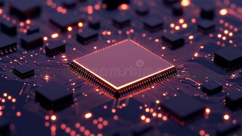 Illuminated Circuit Board With Glowing Microchips Symbolizing Data Processing Stock
