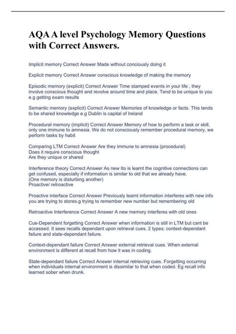 AQA A Level Psychology Memory Questions With Correct Answers AQA A Level Psychology Memory