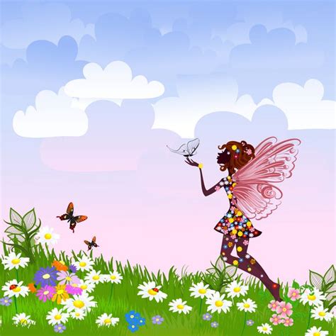 پری زیبا با گل های رنگارنگ در پس زمینه های مختلف طرح لایه باز وکتور عکس