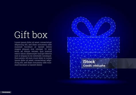 선물 상자 낮은 폴 리 디자인입니다 어두운 파란색 배경에 삼각형 모양 선 및 점으로 만든 리본 활과 함께 빛나는 선물 상자