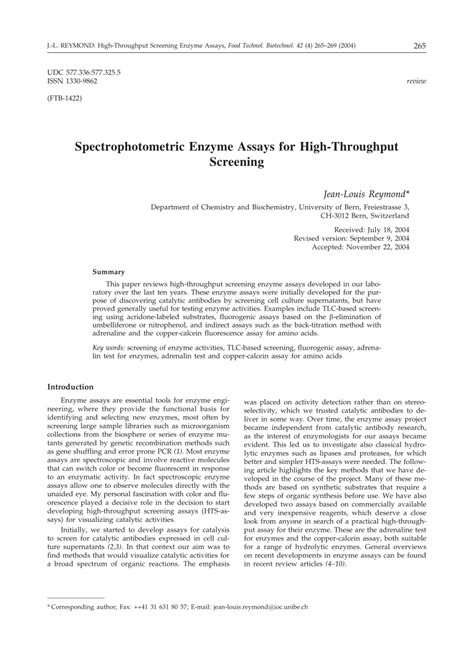 Pdf Spectrophotometric Enzyme Assays For High Throughput Screening