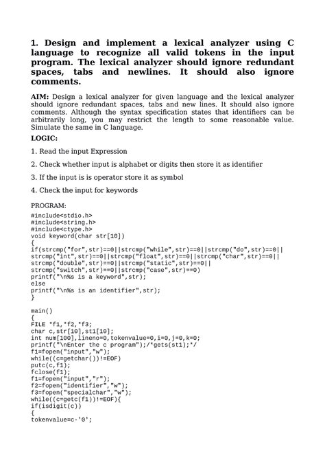 Compiler Design Lab 1 Design And Implement A Lexical Analyzer Using