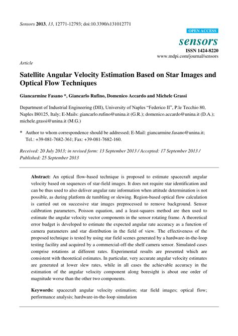 Pdf Satellite Angular Velocity Estimation Based On Star Images And Optical Flow Techniques