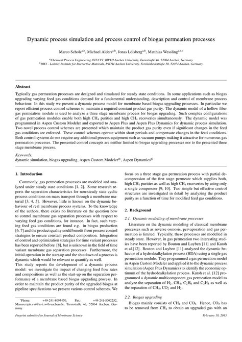 pdf dynamic process simulation and process control of biogas