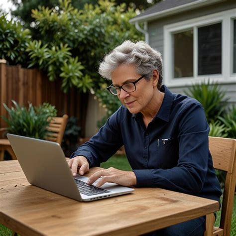 A Woman Sits At A Table With A Laptop On Her Lap Premium Ai Generated