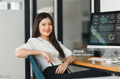 Professional Data Analyst Using Data Visualizations Dashboard On Computer Monitor For Data