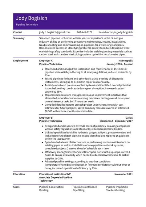Pipeline Technician Resume Cv Example And Writing Guide