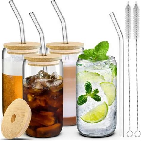 4 Set Glass Cups With Lids And Straws 16 Oz Glasses Drinking Set Iced