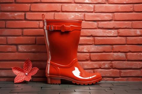 Premium Ai Image Rubber Boots And Umbrella Against Brick Wall