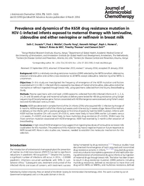 Pdf Prevalence And Dynamics Of The K65r Drug Resistance Mutation In