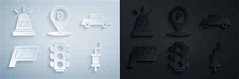 주차 및 점멸 사이렌 아이콘이있는 신호등 자동차 거울 머플러 위치를 설정합니다 벡터 3차원 형태에 대한 스톡 벡터 아트 및 기타 이미지 Istock