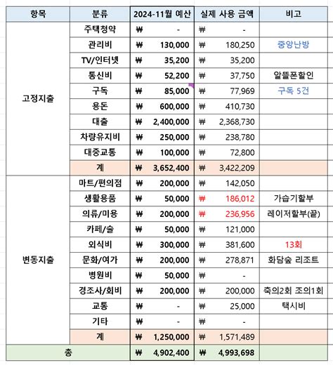 2024년 11월 신혼부부 가계부 정산 마이루루의 여행