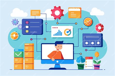 An Illustration Of A Man Working On A Computer With Multiple Applications And Data Syncing In