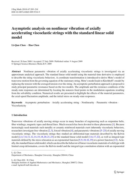 Pdf Asymptotic Analysis On Nonlinear Vibration Of Axially Accelerating Viscoelastic Strings