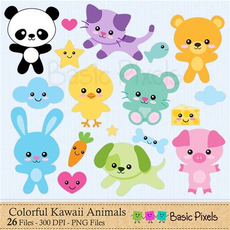 Colorful Kawaii Animal Clipart 26 Png Graphics Digital Download Etsy