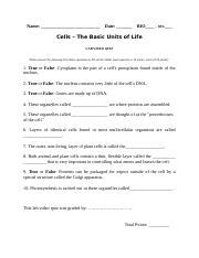Lab Video Quiz Cells The Basic Units Of Life Answer Sheet Docx Name Date BIO Sec Cells