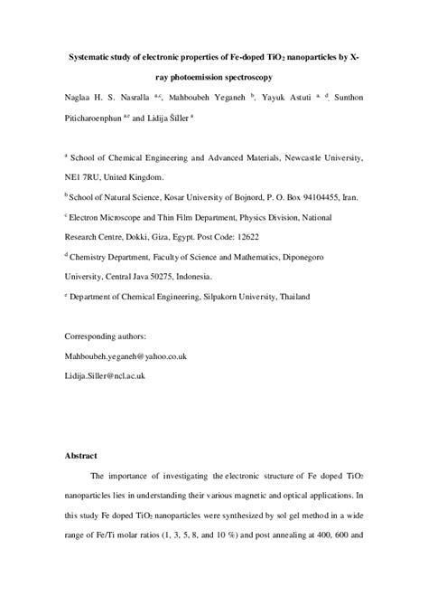 Pdf Electronic Properties Of Fe Doped Tio2 Nanoparticles Via Xps