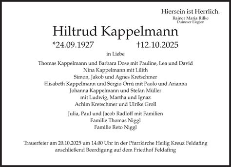 Traueranzeigen Von Hiltrud Kappelmann Sz Gedenkende