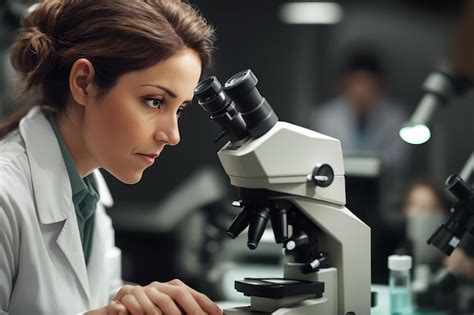Premium Ai Image Medium Shot Woman Looking Through Microscope