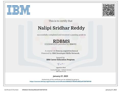 Sridhar Reddy Nalipi On Linkedin Certificate Ibm Rdbms