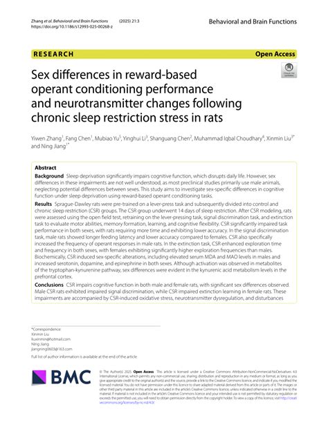 Pdf Sex Differences In Reward Based Operant Conditioning Performance And Neurotransmitter
