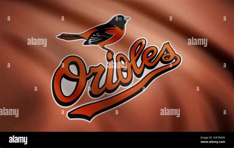 Waving Flag With Baltimore Orioles Professional Team Logo Close Up Of