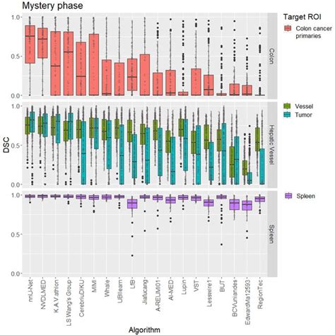 dot and box plots of the dsc values of all participating algorithms for