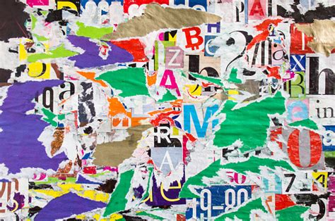 찢어진 종이 포스터와 문자와 숫자 텍스처 배경 클리핑에서 다채로운 콜라주에 플래카드 잡지에 대한 스톡 사진 및 기타 이미지 잡지 찢겨진 종이 Istock