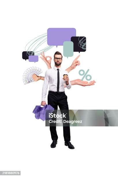 복합 경향 삽화 스케치 이미지 사진 콜라주 의 사업가 멀티 태스킹 젊은 사람 스탠드 채팅 구름 퍼센트 지폐 돈 컵 음주 25 29세에 대한 스톡 사진 및 기타 이미지