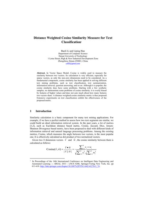 Pdf Distance Weighted Cosine Similarity Measure For Text Classification Pdf Distance Weighted Cosine Similarity Measure For Text Classification