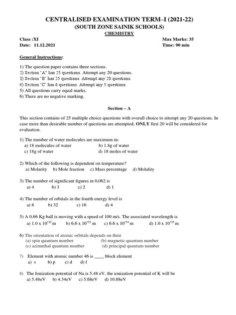 Chemistry Class Xi Question Paper Pdf Atomic Orbital Electron Configuration