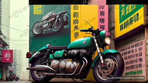 Ai创作图港风 机械风 机车俱乐部打卡墙 视角高一些 香港街头的那种 摩托车停到中间就像在路口拍照 昵图网