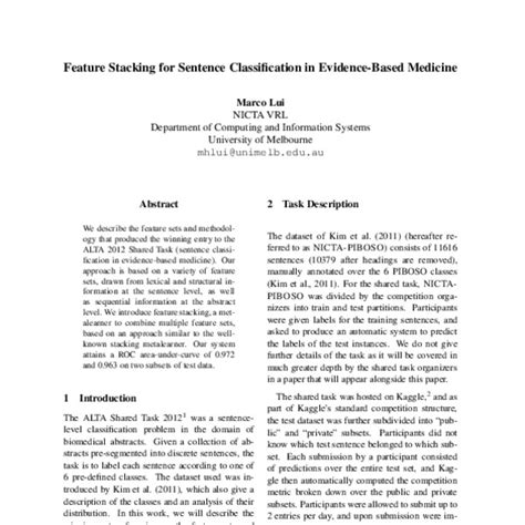 Feature Stacking For Sentence Classification In Evidence Based Medicine Acl Anthology
