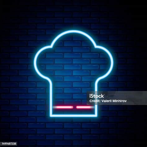 벽돌 벽 배경에 고립 된 빛나는 네온 라인 요리사 모자 아이콘 요리 기호 모자를 요리합니다 다채로운 개요 개념 벡터 다중 색상에 대한 스톡 벡터 아트 및 기타 이미지