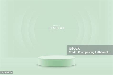 녹색 3d 실린더 연단 받침대 또는 제품 진열대와 원 모양 레이어 뒤에 빛나는 빛이 있는 부드럽고 깨끗한 3d 객실입니다 모형 또는 제품 프레젠테이션을 위한 장면입니다