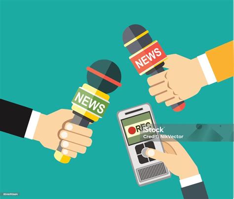 손으로 개최 음성 녹음기 마이크 매스 미디어와 기자 회견 개념입니다 저널리즘입니다 녹색 배경에 평면 스타일에서 벡터 일러스트 레이 션 언론인에 대한 스톡 벡터 아트 및 기타