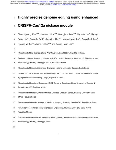 Pdf Highly Precise Genome Editing Using Enhanced Crispr Cas12a Nickase Module