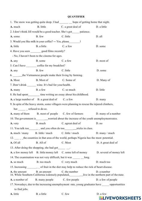 Quantifier Exercise For K12 Live Worksheets