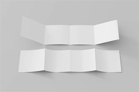 스퀘어 더블 게이트 접이식 브로셔 패널 4개 8페이지 빈 전단지 프리젠 테이션 디자인을 위해 흰색 배경에 대해 모의 전면 및