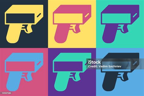 팝 아트 머니 건 아이콘은 컬러 배경에 분리되어 있습니다 돈으로 장난감 총을 쏴라 현금 인출 기관총 벡터 0명에 대한 스톡 벡터