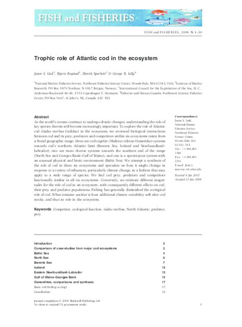 Pdf Trophic Role Of Atlantic Cod In The Ecosystem