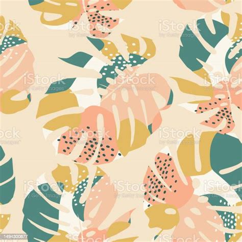 몬스테라 잎 이음매 없는 패턴 손으로 그린 식물 봄과 여름 시간 녹색 스타일 직물 직물 벽지 배경을 위한 천연 장식품 열대 식물 꽃에 대한 스톡 벡터 아트 및 기타 이미지