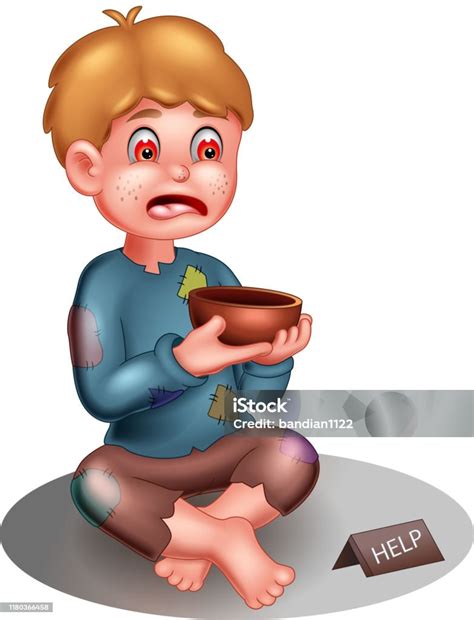 เด็กชายขอทานที่น่าสงสารในการ์ตูนเสื้อเชิ้ตสีน้ําเงิน ภาพประกอบสต็อก ดาวน์โหลดรูปภาพตอนนี้ Istock