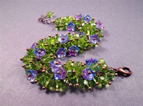 Flower Cha Cha Bracelet Violet Blossoms Blue Purple Glass And Green