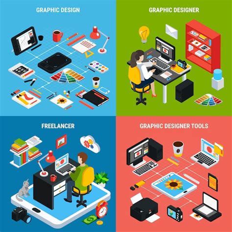 그래픽 디자인 일러스트 레이터 또는 디자이너 및 작업 3d 아이소 메트릭 격리 된 벡터 일러스트 레이 션에 대 한 다양 한