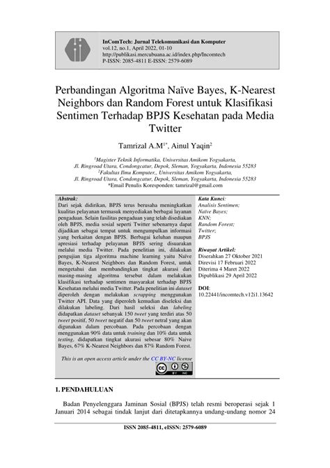 Pdf Perbandingan Algoritma Naïve Bayes K Nearest Neighbors Dan Random Forest Untuk