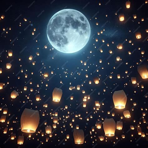 Premium Photo Floating Lanterns Fill The Sky On The Full Moon Night