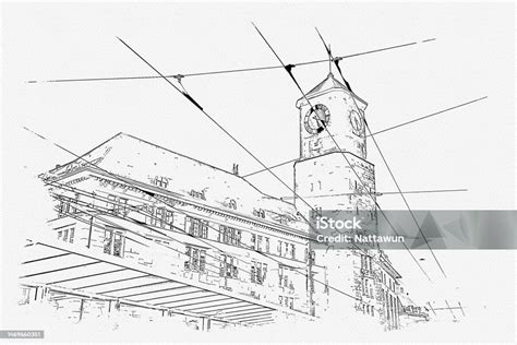 세인트 갈렌의 스트리트 뷰 스케치 이 세계의 유네스코 세계 유산 스위스의 유명한 랜드 마크 거리에 대한 스톡 벡터 아트 및 기타