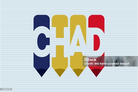 연필 기호 창의적인 아이디어 디자인이 있는 차드 텍스트 차드 플래그 색상 개념 벡터 그림입니다 차드 타이포그래피 네거티브 스페이스 단어 벡터 그림입니다 차드 국가 이름 벡터